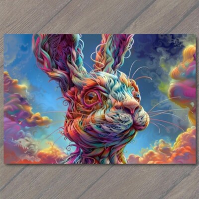 POSTCARD Rabbit Bunny Surrealism Crazy Bright Colors Weird Strange Wild ...