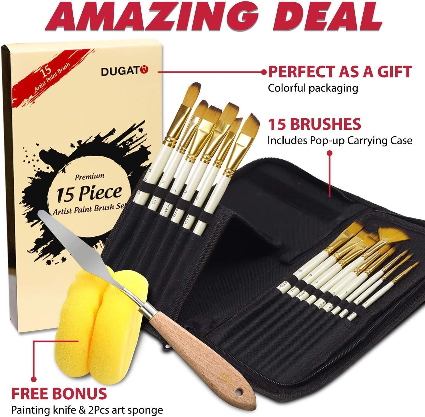 DUGATO Artist Paint Brush Set 15pcs Includes Pop-up Carrying Case with ...