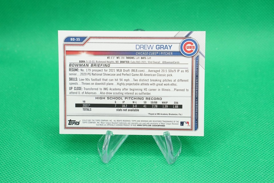 2021 Bowman Draft Base Sky Blue SP /499 #BD-35 Drew Gray Chicago Cubs ...