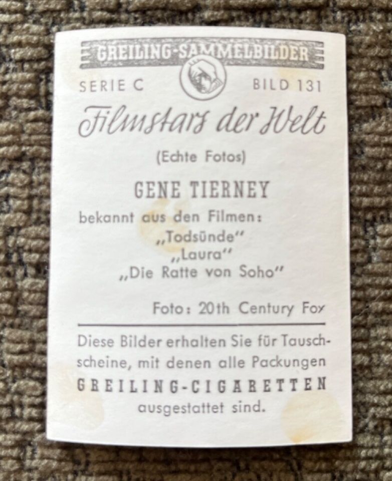 Gene Tierney Vintage 1950 Greiling Movie Film Star Cigarette Card | eBay