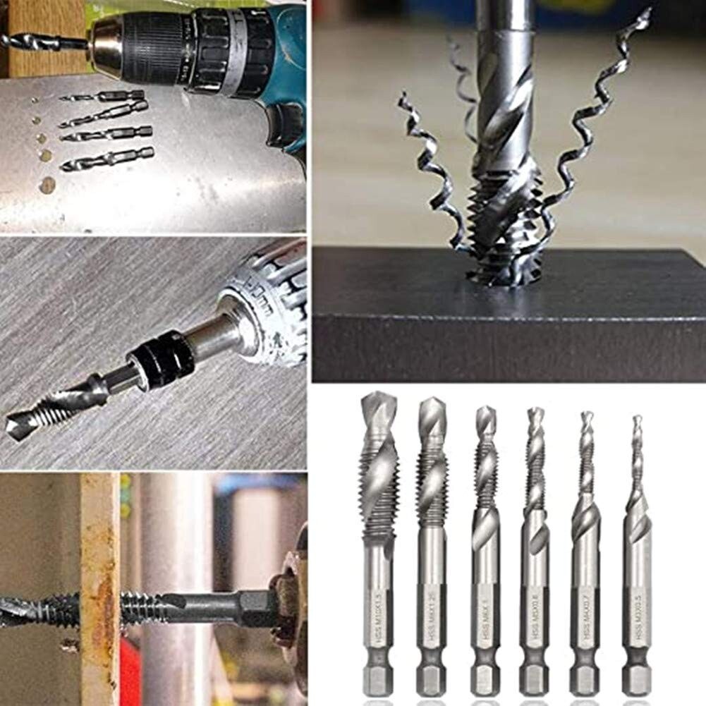 6 Pcs Spiral Tap Drill Bit Set, Titanium Coated HSS Fluted Machine ...