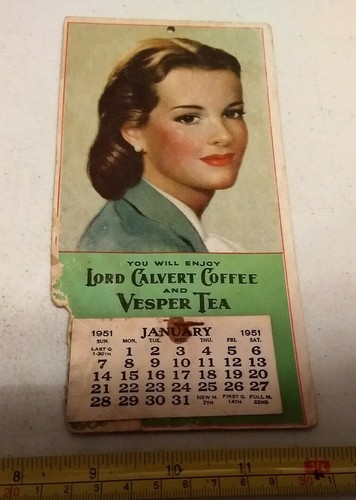 Vintage 1951 Lord Calvert Coffee and Vesper Tea Advertising Calendar | eBay