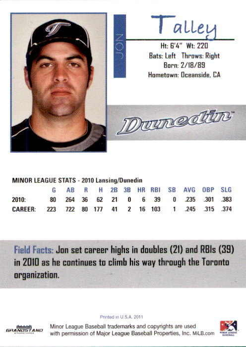 2011 Dunedin Blue Jays Grandstand #27 Jon Talley Oceanside California ...