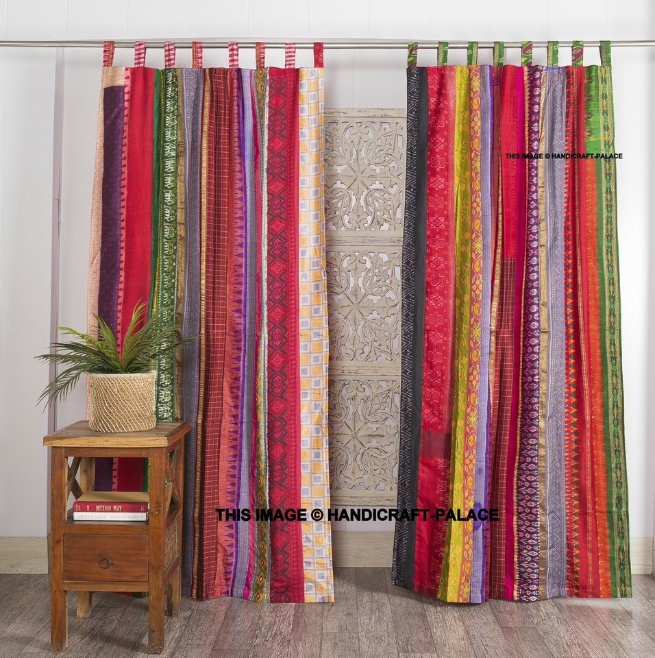2 Pcs Indian Vintage Sari Patchwork Curtain Drape Window Decor Silk ...