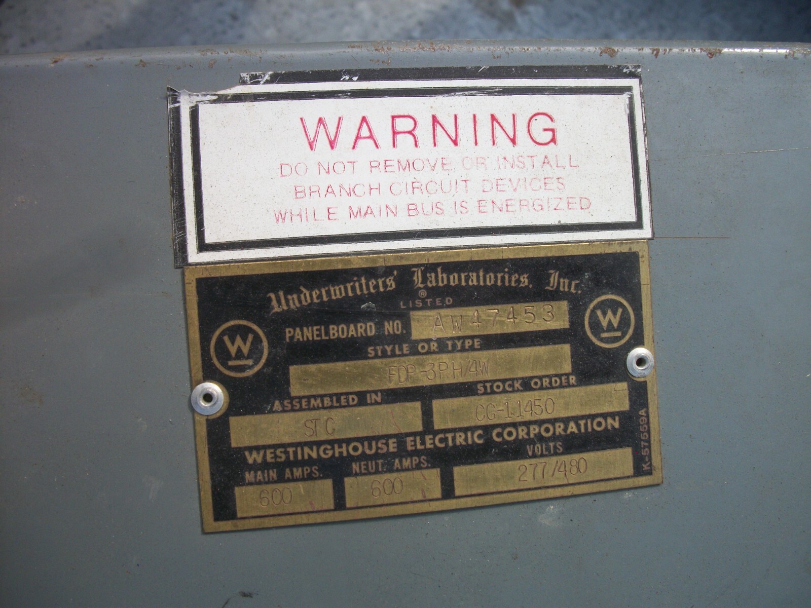 WESTINGHOUSE FDP PANELBOARD SWITCH PANEL ENCL AW47453 600AMP 277 ...