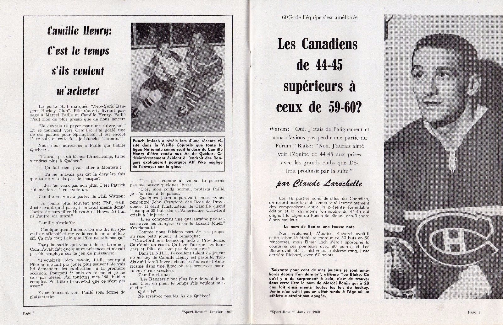 1960 JAN Sport Revue hockey magazine Marcel Bonin Montreal Canadiens ...