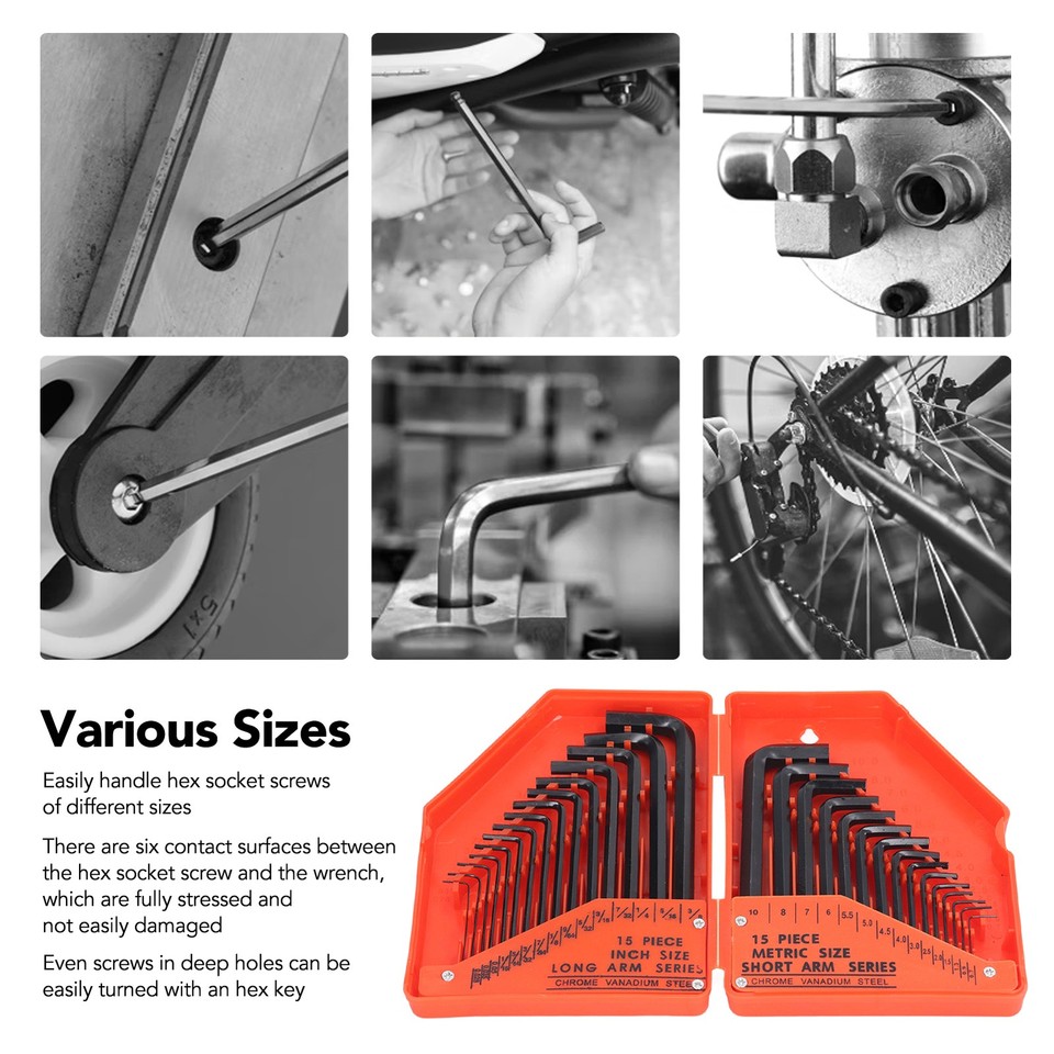 30 Pcs Hex Wrench Set 45 Steel High Strength Inch Long Short Arm Hex ...