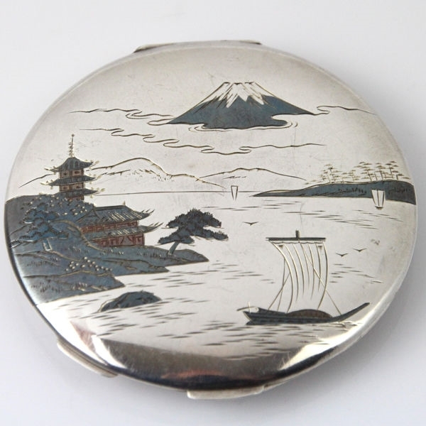 Japanese 950 Sterling Silver Pagoda Fuji Powder Case Compact Japan Ca ...
