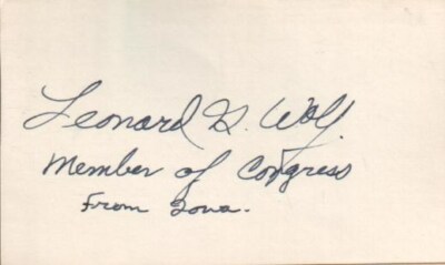 Leonard G. Wolf AUtographed Index Card Former Iowa Politician 1958-1960 ...