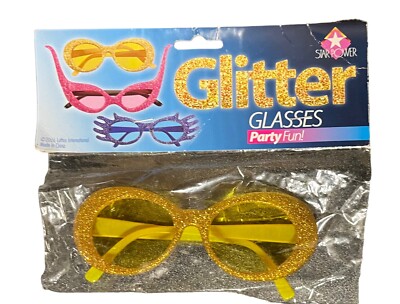 1 Yellow GLITTER SUNGLASSES Eye Oval Clout Funny Joke Gag Gift Go Disco ...
