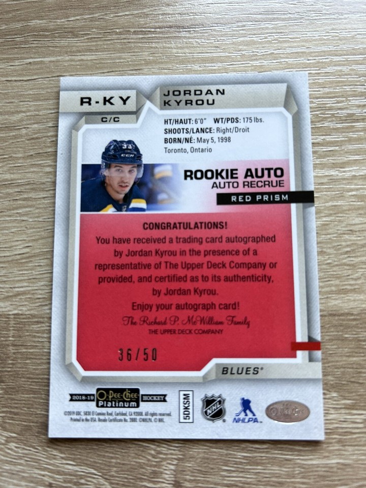 2018-19 OPC Platinum JORDAN KYROU Red Prism Rookie Auto /50 RC | eBay