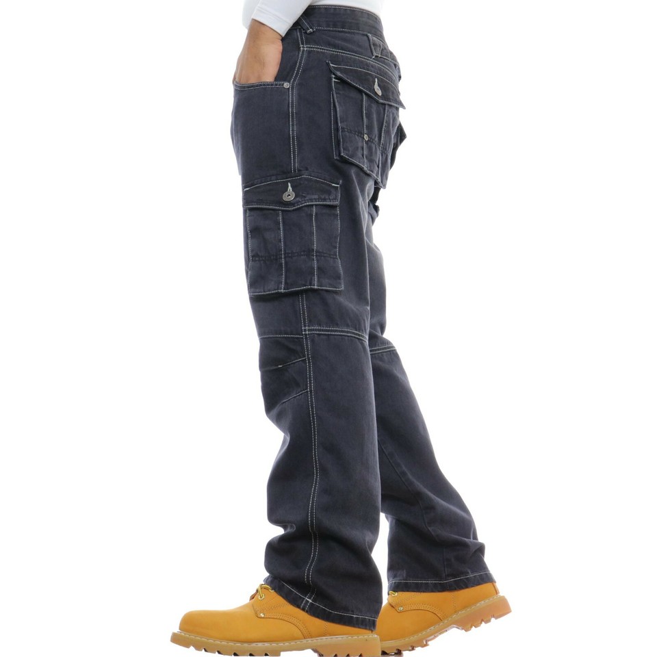 Mens CROSSHATCH Cargo Combat Jeans New Casual Work Relax Denim Pants ...