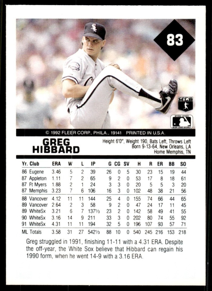 1992 Fleer Baseball Card Greg Hibbard Chicago White Sox #83 | eBay