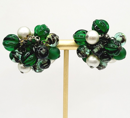 Green Glass Gray Faux Pearl Short Dangle Cluster Vintage Clip On ...