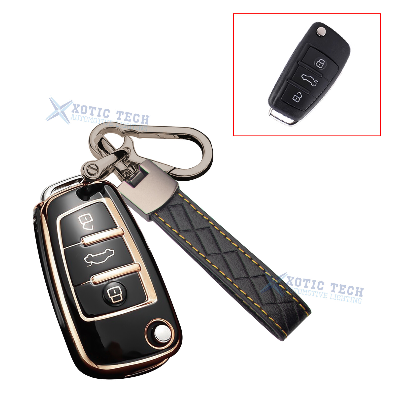 Black TPU Full Seal Flip Remote Key Fob Shell w/Keychain For Audi A3 S3 ...