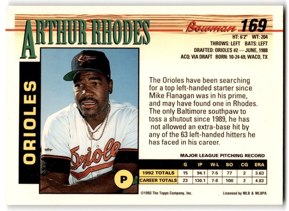1993 Bowman Arthur Rhodes Baltimore Orioles #169 | eBay