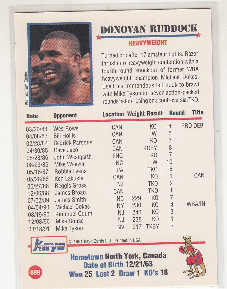 DONOVAN "RAZOR" RUDDOCK 1991 Kayo Boxing #89 Heavyweight Rookie RC Mint ...