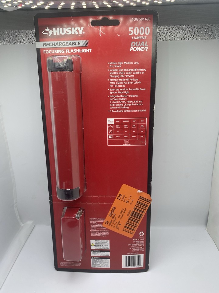 Husky 5000 Lumens Dual Power LED Focusing Flashlight Rechargeable ...