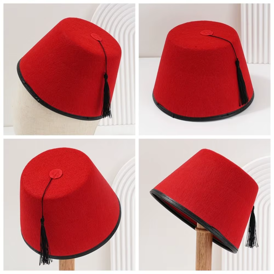 Red Moroccan Fez Hat with Tassels - Breathable Wool Felt Turkish Cap ...