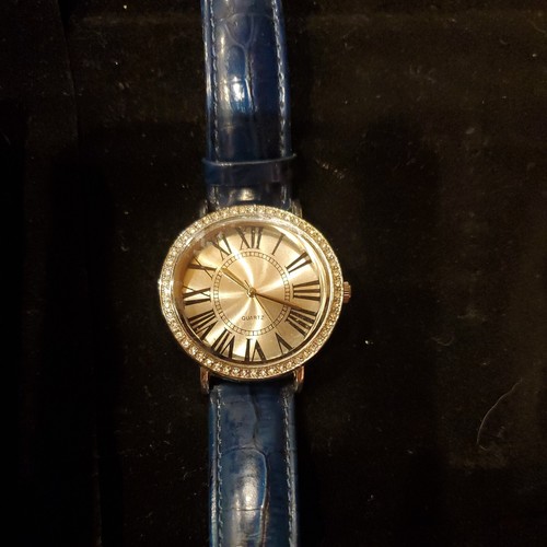 Chicos Bracelet Watch very dark navy leather band w/Rhinestone Bezel ...