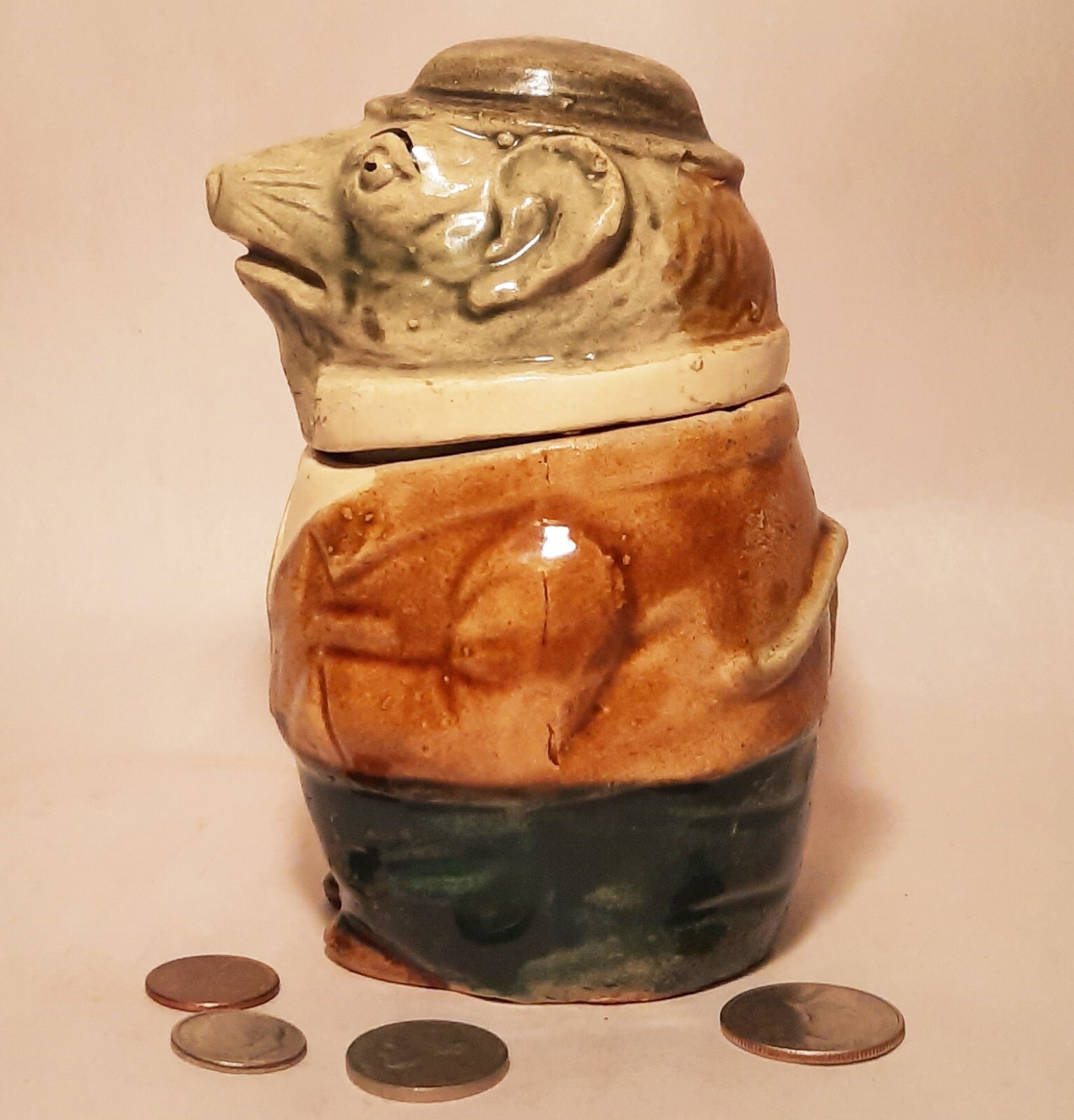 RAT tobacco jar vtg majolica pottery figural humidor cartoon comic ...