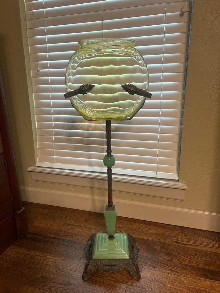 Antique Art Deco Uranium Glass Fish Bowl w/ Jadeite Cast Iron Stand | eBay