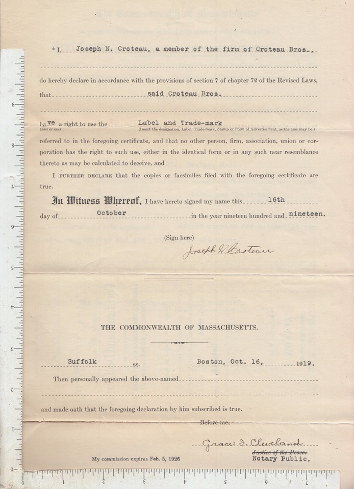 A757 Joseph N. Croteau '19 trade mark paper Boston motorcycle Grace I ...