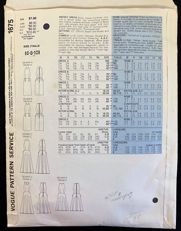 Part Cut Size 6 8 Midi Dress Cutaway Armholes Vogue 1675 Sewing Pattern ...