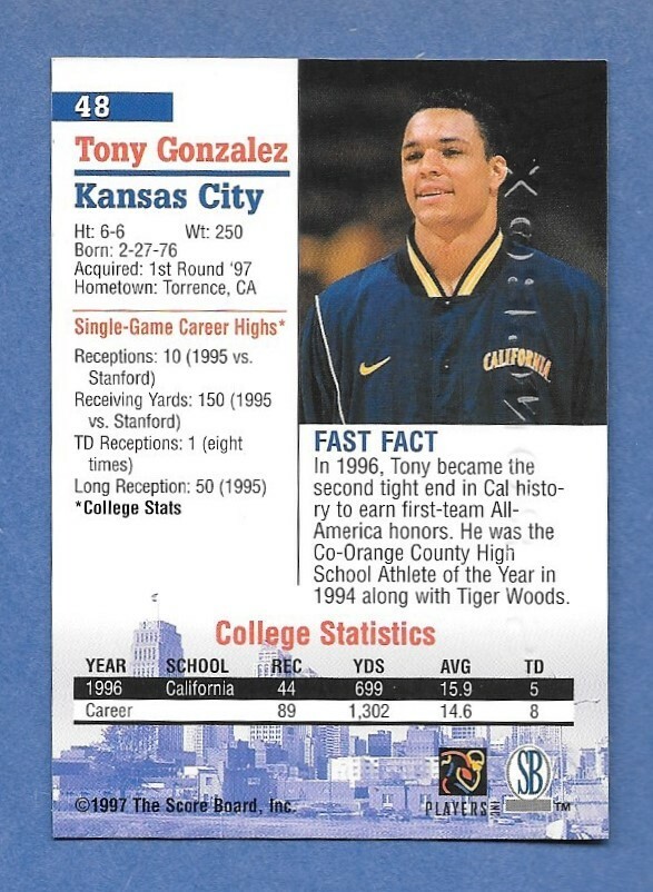 1997 Strongbox Tony Gonzalez Rookie Card with Facsimile Autograph | eBay