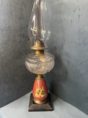 Antique Reverse Painted Tall Oil Lamp. Dark Rose With Winter Scene. 21 ...