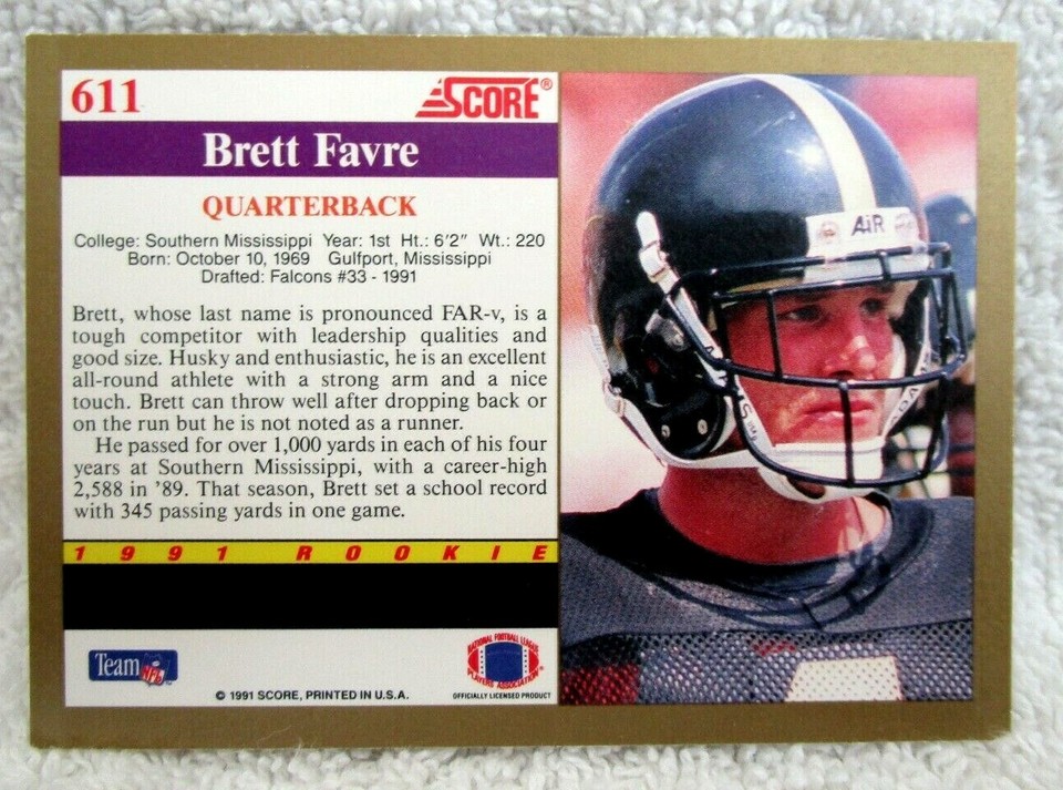 BRETT FAVRE 1991 SCORE PASSING POSE ROOKIE CARD#611!FALCONS PACKERS QB ...