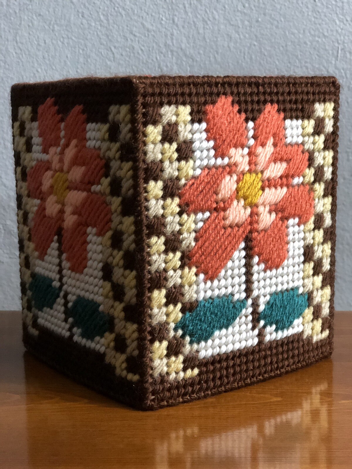 Handmade Needlepoint Plastic Canvas Soft Floral Tissue Box Cover Brown ...
