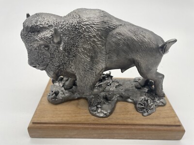 MICHAEL RICKER Signed Buffalo Pewter Sculpture Bison Figurine Wood Base ...