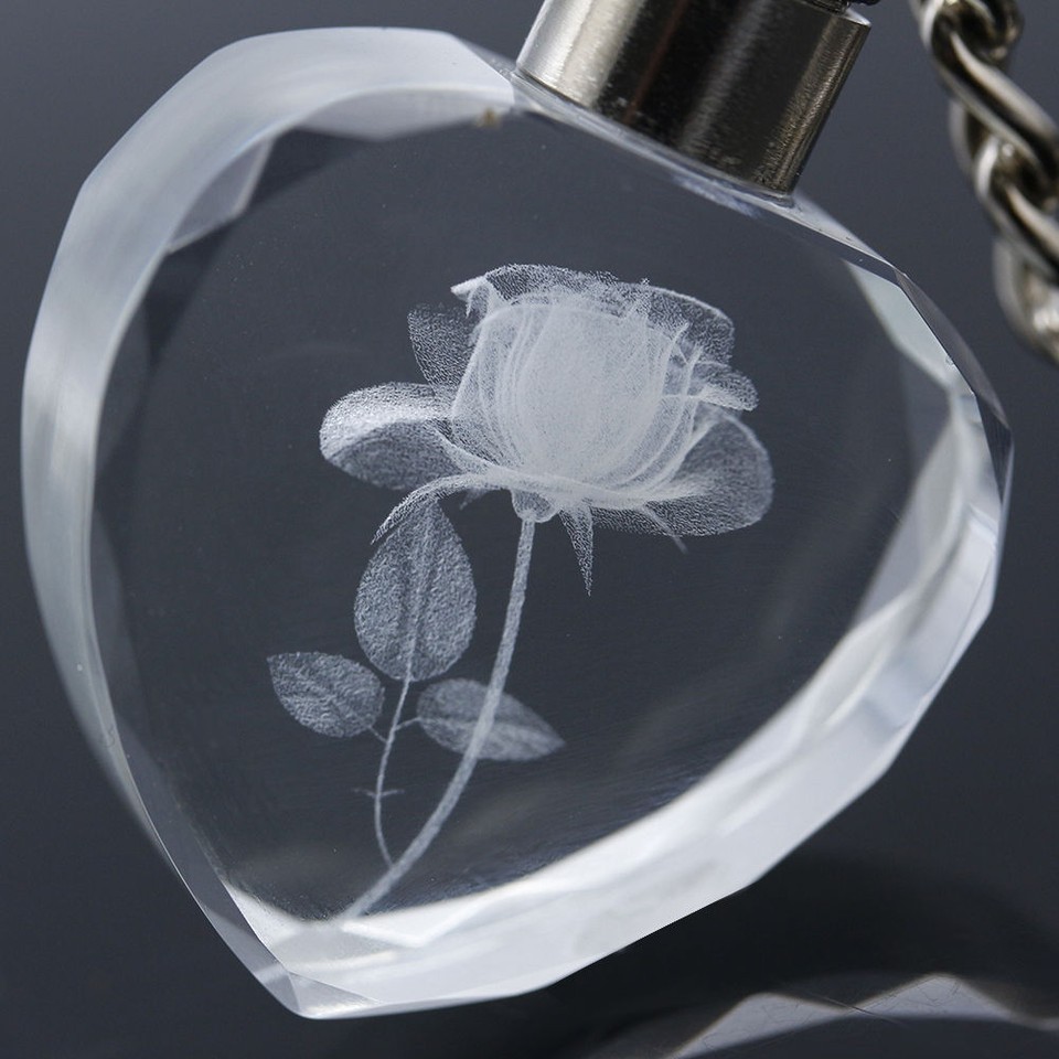 Crystal LED Laser Engraving Rose Heart Light Pendant Key Chain Key Ring ...