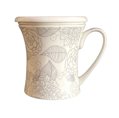 Teavana New Bone China Gray Floral Pattern Complete Mug W/ Infuser Hot ...