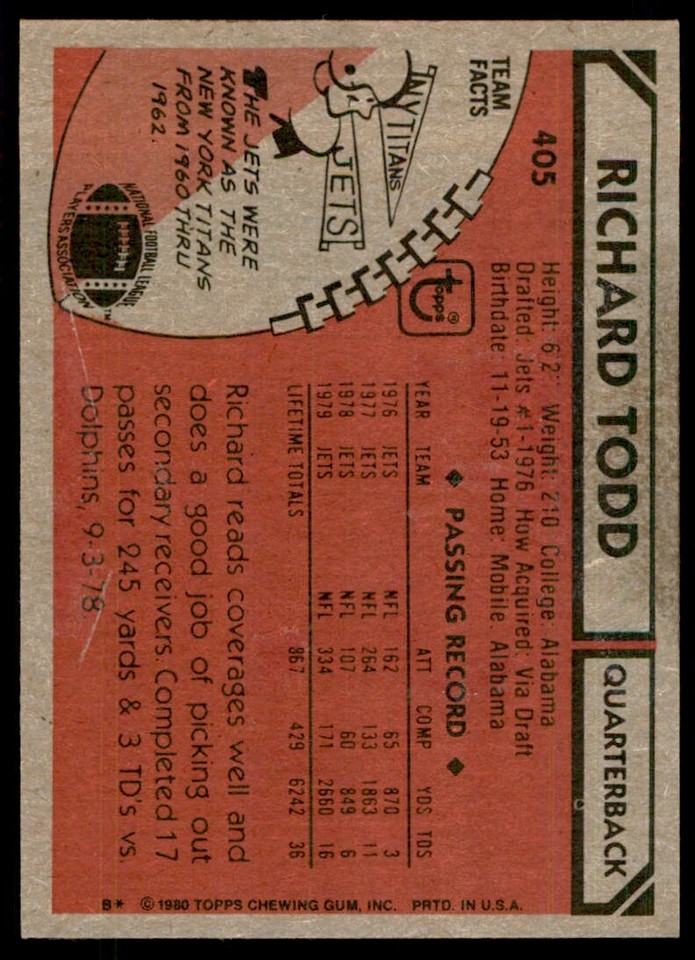 1980 Topps Richard Todd Football Card New York Jets #405 | eBay