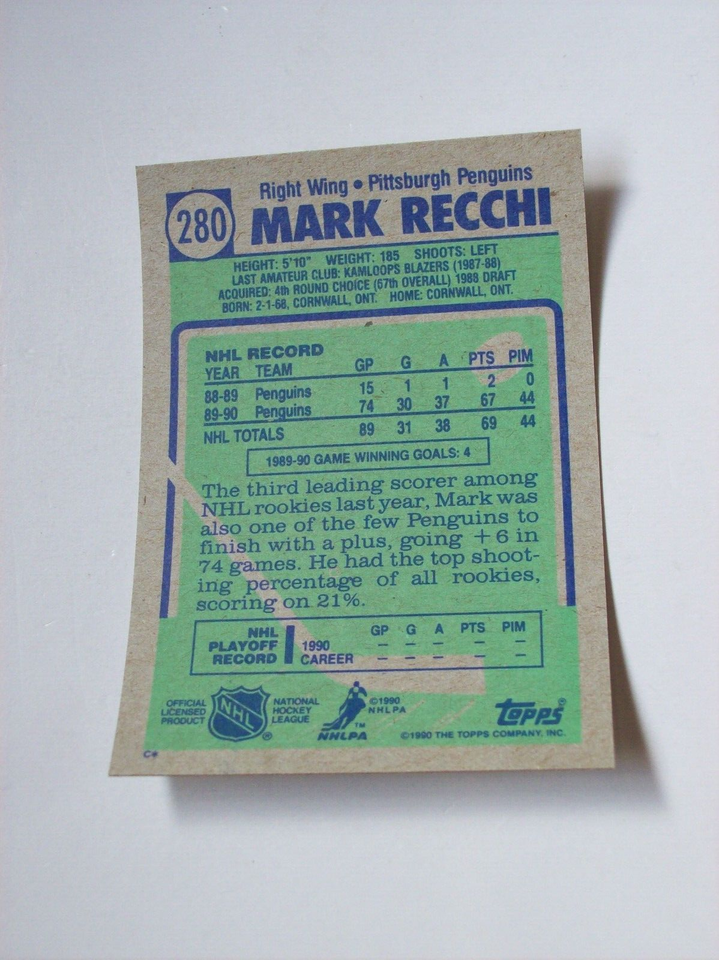 1990 Topps Hockey Mark Recchi Rookie card #280 NM-MT | eBay