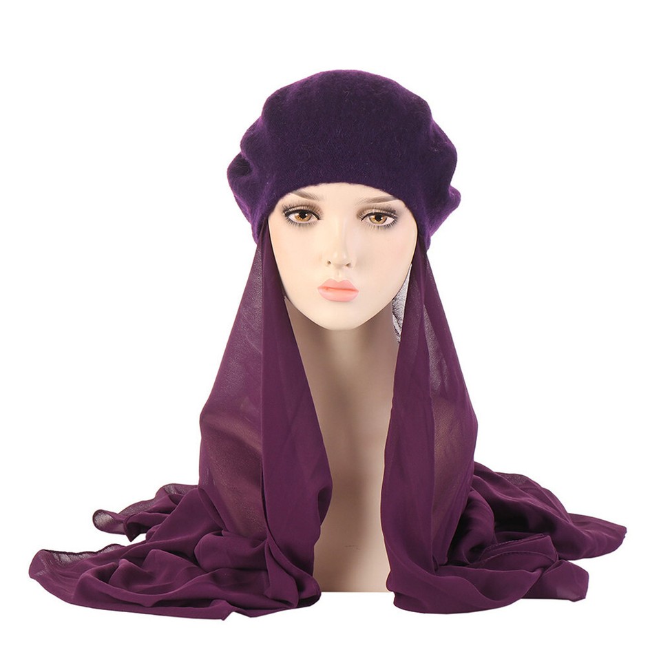 Muslim Women Hijab Beret Cap With Scarf Chiffon Shawl Turban Hat ...