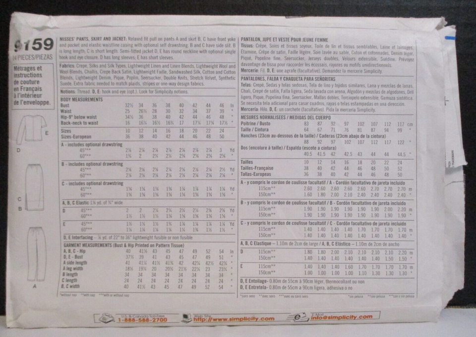 Simplicity Pattern 9159 Misses Pants Skirt Jacket Size NN 10-12-14-16 New Vtg | eBay