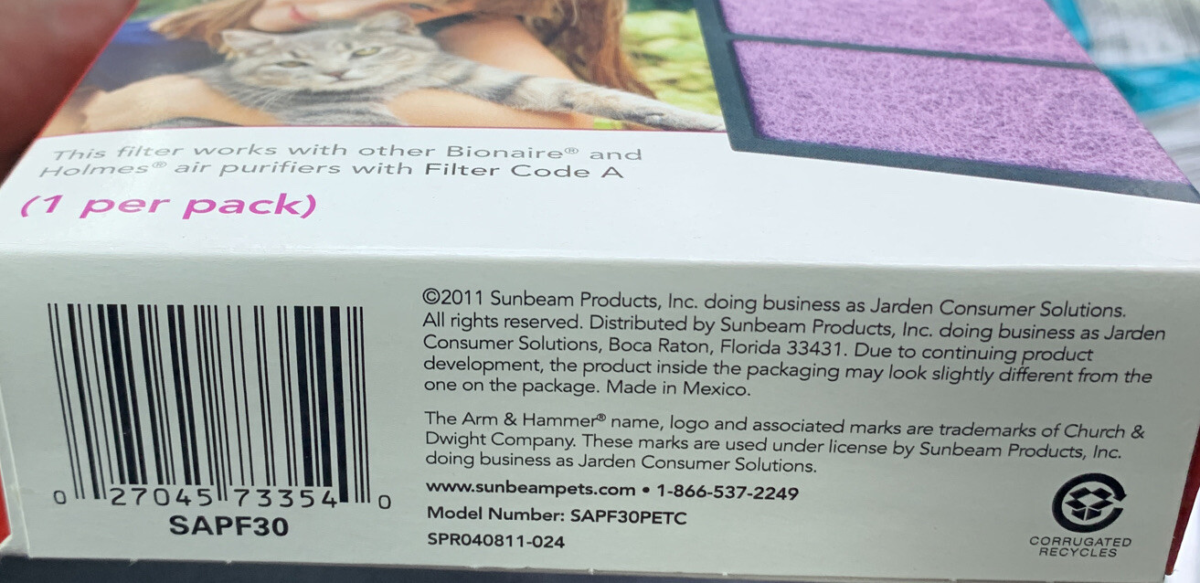 Sunbeam Pets Cat HEPA Type Filter Cartridge SAPF30PETC 1 pack A Filter ...