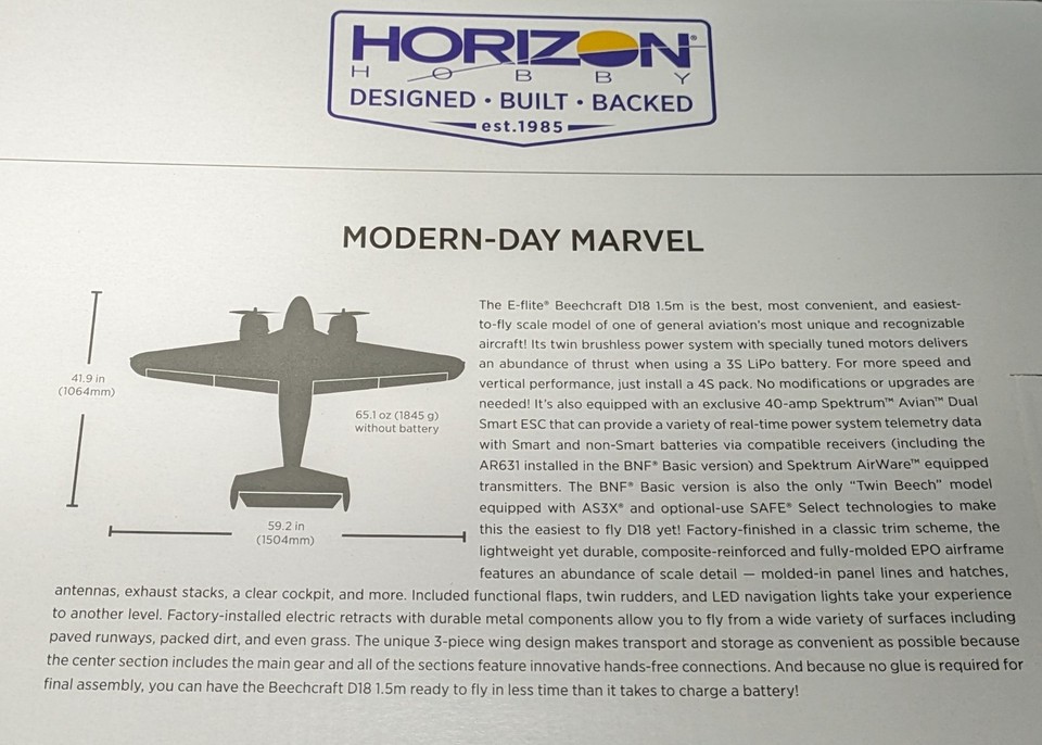 R/C Beechcraft D18 1.5m BNF Basic Electric Airplane (1499mm) E-flite | eBay