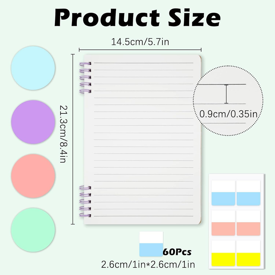 4 Pack A5 Spiral Notebook with 60 Pcs Tabs, Assorted Colors Line ...