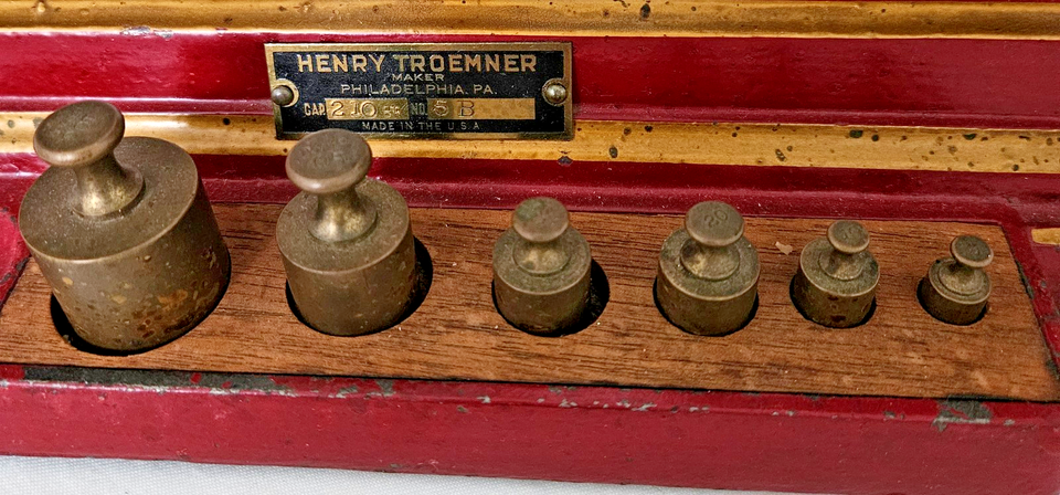 ANTIQUE HENRY TROEMNER RED & GOLD CAST IRON BALANCE SCALE W/ ORIGINAL ...