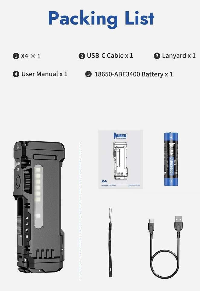WUBEN X4 EDC Flat Flashlight 1500 Lumen RGB Side Light USB C ...