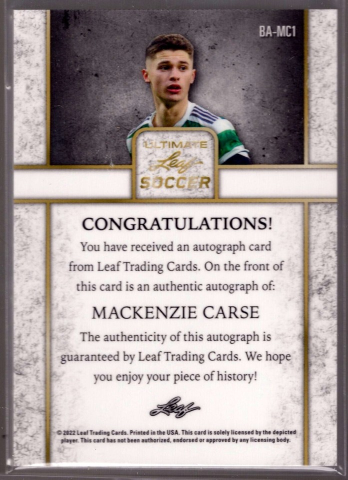 2022 Leaf Ultimate Soccer Mackenzie Carse Gold X-RC Rookie Auto RARE SP ...
