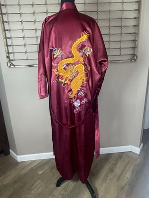 Vintage MEI GUI Burgundy Embroider Dragon 100%Silk Kimono Robe,Belt ...