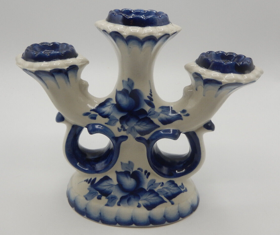 Vintage GZHEL Russian Candelabra Candle Holder White & Blue Porcelain 7 ...