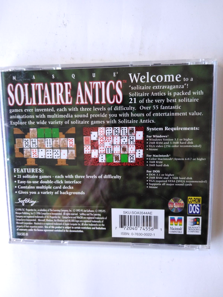 VTG CD ROM:Solitaire Antics 21 GAMES; Windows,Macintosh & DOS SoftKey ...