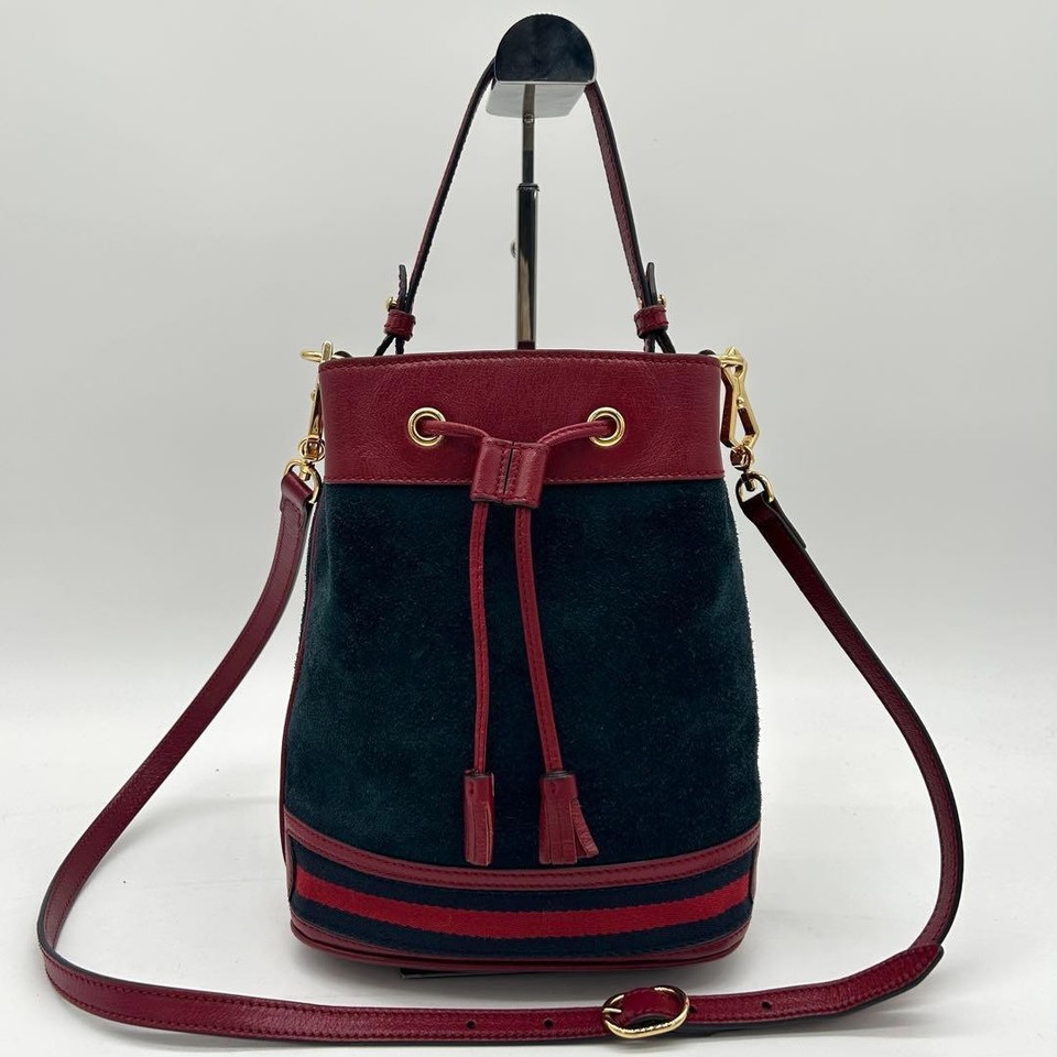 Gucci 2-Way Bucket Bag Shoulder Bag Leather Suede Navy Red Women's ...