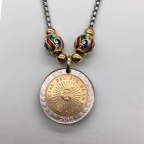 Sun Coin Pendant Enamel bead vintage coin Silver necklace 20" | eBay